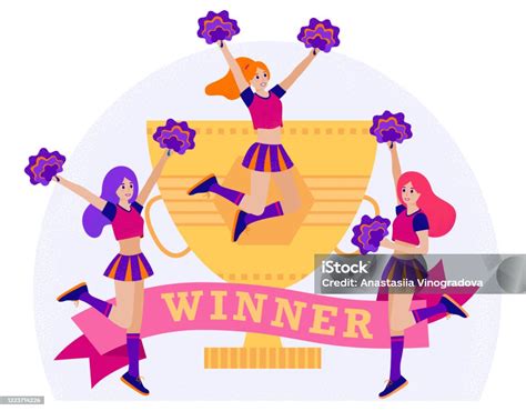 응원단이 골드컵과 리본 우승자 근처에서 폼폰과 함께 점프합니다 우승자 개념 에서 만화 플랫 스타일 벡터 스톡 일러스트