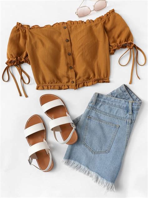 Shein Frill Trim Button Up Off Shoulder Top Moda Roupas Looks