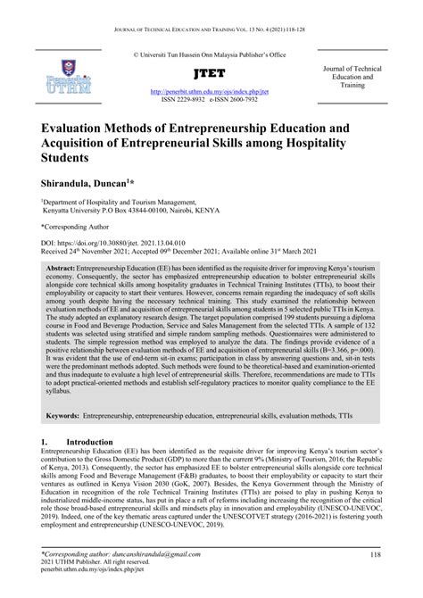 Pdf Evaluation Methods Of Entrepreneurship Education And Acquisition Of Entrepreneurial Skills