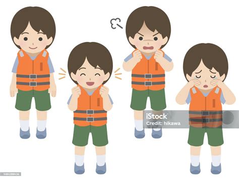 구명조끼를 입은 소년의 다양한 표정 스플래쉬 패드에 대한 스톡 벡터 아트 및 기타 이미지 스플래쉬 패드 걱정하는 고등학교 이하 Istock