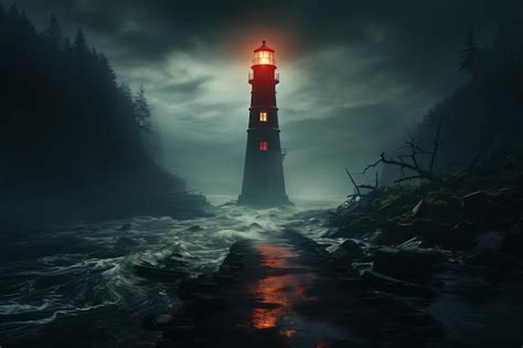 Premium Ai Image Lighthouse Beaming Through The Misty Night Generative Ai