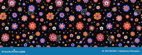 Vector Retro Groovy Daisy Psychedelic Seamless Pattern Set Cute Hippy Style Daisy Flowers With