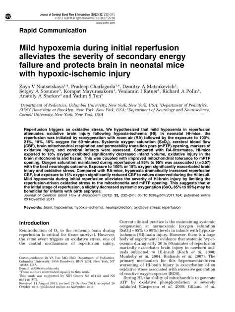 Pdf Mild Hypoxemia During Initial Reperfusion Alleviates The Severity