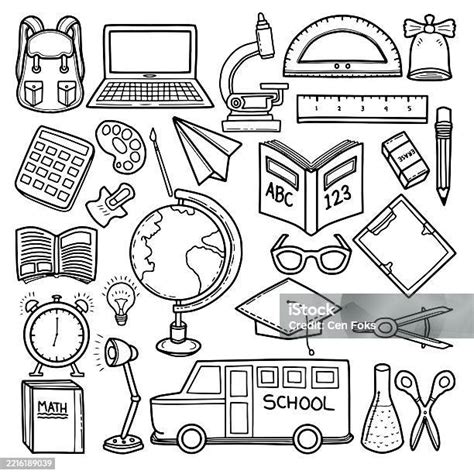 학교 낙서로 돌아가다 학용품 및 교육 요소 손으로 그린 학용품 낙서 세트 스케치 스타일 학교 라인 아트 컬렉션으로 돌아 가기 가방에 대한 스톡 벡터 아트 및 기타 이미지