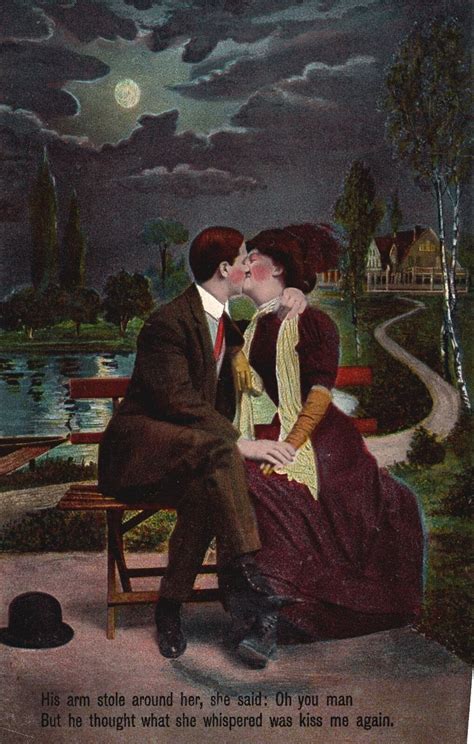 Vintage Postcard Lovers Couple Kissing On Bench His Arm Stole Around