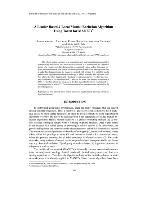 pdf a leader based k local mutual exclusion algorithm using token for