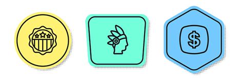 세트 라인 미국 독립 기념일 아메리카 원주민 인디언과 달러 기호 컬러 셰이프입니다 벡터 깃털에 대한 스톡 벡터 아트 및 기타