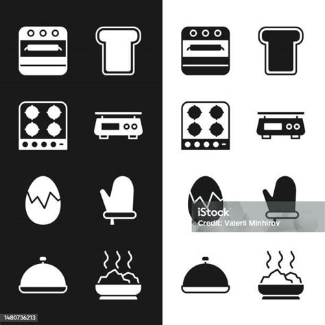 전자 저울 가스 렌지 오븐 빵 토스트 깨진 계란 장갑 뜨거운 수프 그릇 및 트레이 음식 아이콘으로 덮인 세트를 설정합니다 벡터 가열장치에 대한 스톡 벡터 아트 및 기타