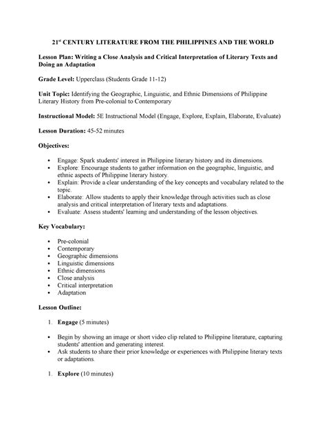 21st Century Literature Module 1 Lesson Plan 21 St Century Literature