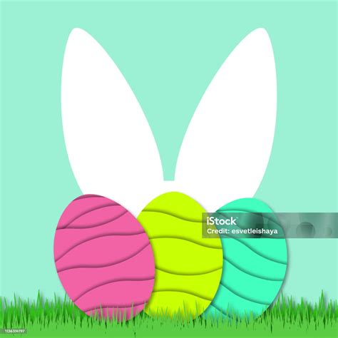 계란과 토끼와 행복 한 부활절 배경입니다 부활절 달걀과 녹색 잔디에 귀여운 토끼 축제 장식입니다 3d 벡터 종이 컷 스타일 3차원 형태에 대한 스톡 벡터 아트 및 기타