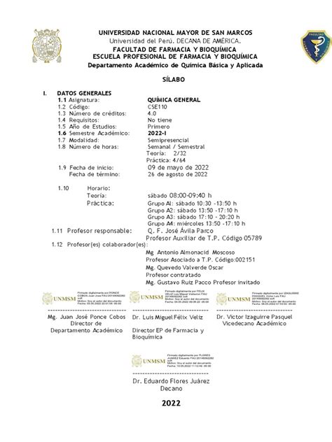 Sílabo De Química General 2022 Pdf Química Reacciones Químicas