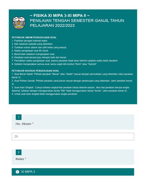 Fisika Xi Mipa 3 Xi Mipa 8 Penilaian Tengah Semester Ganjil Tahun
