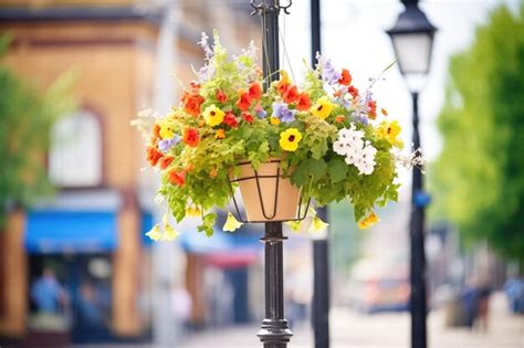 Premium Photo Lamp Post With Hanging Flower Baskets