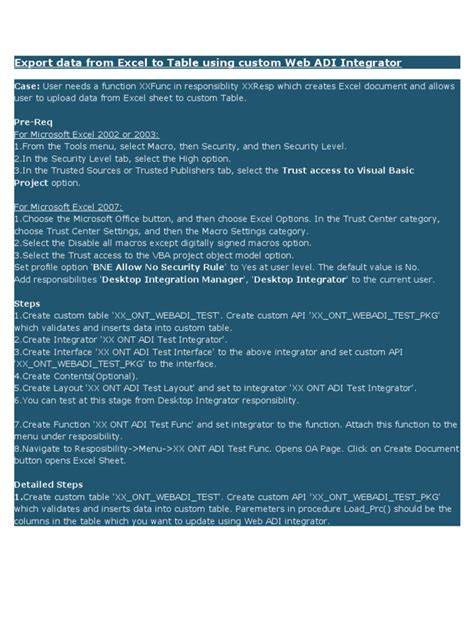 Export Data From Excel To Table Using Custom Web Adi Integrator Pdf