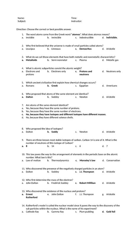 Prelim Exam Answer Name Time Subject Instructor Direction Choose The Correct Or Best