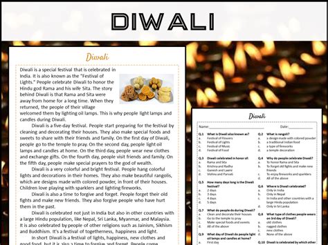 Diwali Reading Comprehension Passage And Questions PDF Teaching