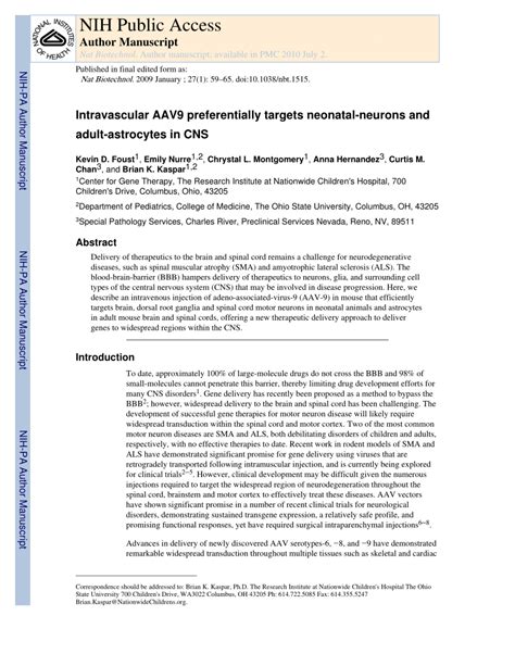 Pdf Intravascular Aav9 Preferentially Targets Neonatal Neurons And
