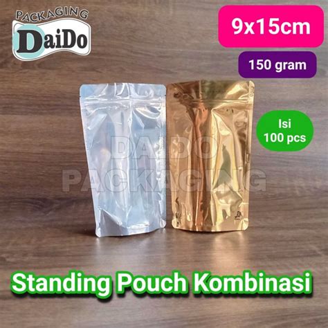 Jual Standing Pouch GOLD KOMBINASI 150 Gram 9x15 Cm TRANSMET ISI 100