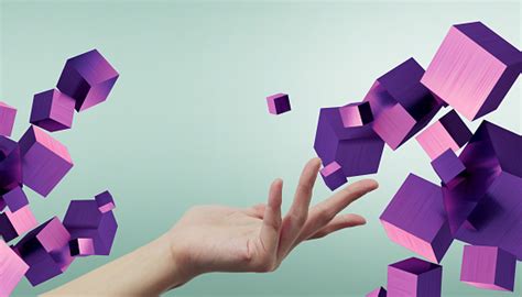 창조적 인 아이디어 지오메트리 모양과 녹색에 승리 개념에 대한 사다리와 비즈니스 개념 및 응용 프로그램 디자인의 손 배너 복사 공간 3d 렌더링 입방체에 대한 스톡 사진 및