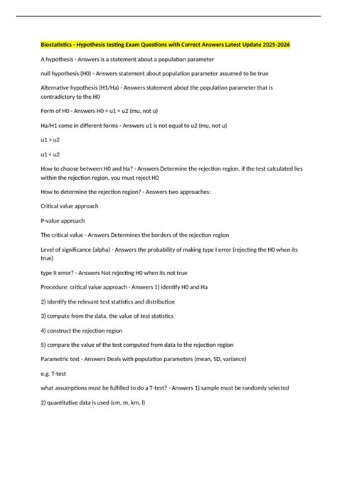 biostatistics hypothesis testing exam questions with correct answers