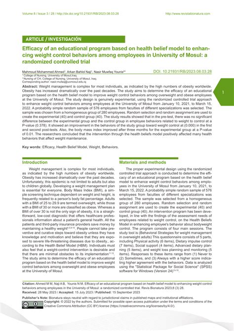 Pdf Efficacy Of An Educational Program Based On Health Belief Model To Enhan Cing Weight