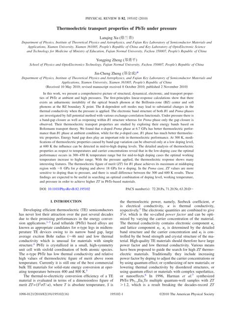 Pdf Thermoelectric Transport Properties Of Pbte Under Pressure