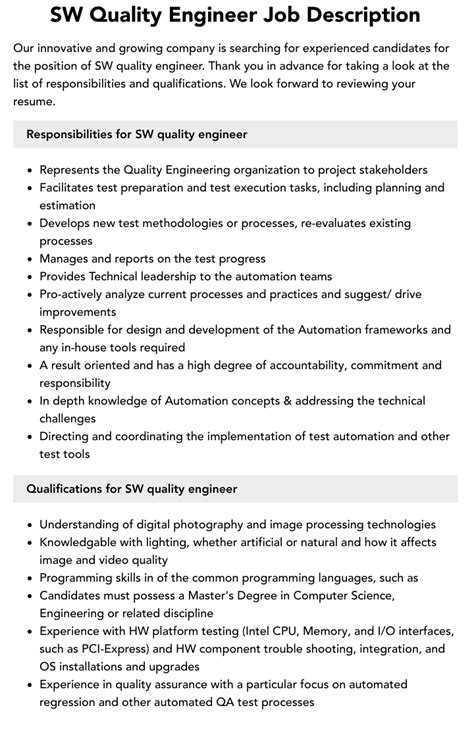 Sw Quality Engineer Job Description Velvet Jobs