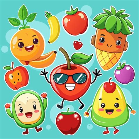 Frutas De Dibujos Animados Con Caras Felices Vector Premium Generado
