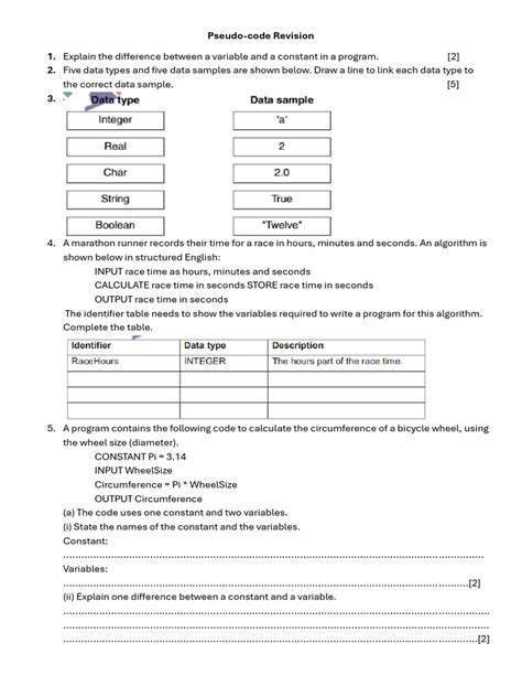 Igcse Pseudocode Practice Pdf Data Type Algorithms