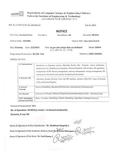 Circular 20240212160140 Sessional Test I Notice Be Cse Batch 2023 2nd Sem For The Subject Of