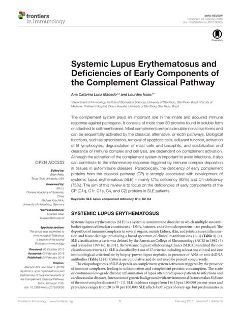 Pdf Systemic Lupus Erythematosus And Deficiencies Of Early Components