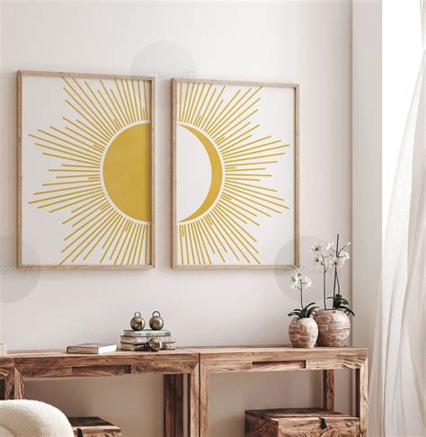 Boho Printable Sun Yellow Sun And Moon Print Set Mid Century Etsy