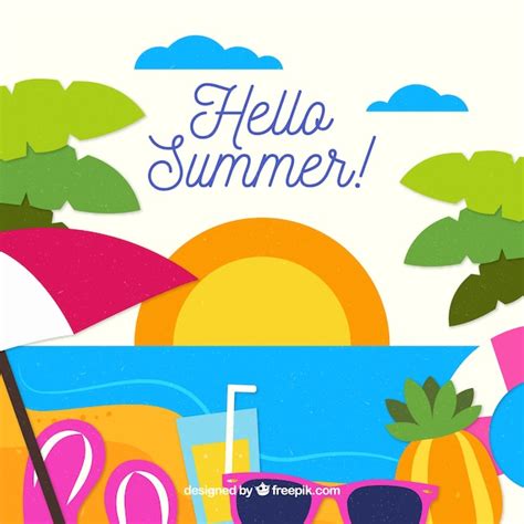Free Vector | Hello summer background with beach elements in flat style