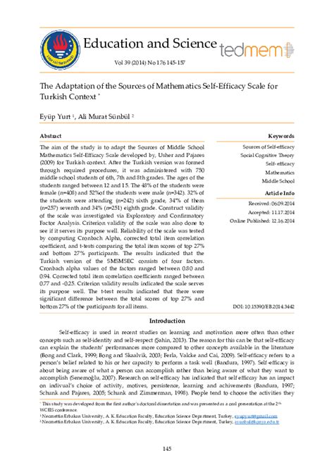 Pdf The Adaptation Of The Sources Of Mathematics Self Efficacy Scale For Turkish Context
