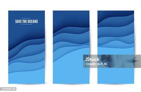컷 페이퍼 스타일의 세 가지 추상 수직 전단지 컬렉션 지구 포스터 세계 물의 날 에코 브로셔를 저장하기위한 컷 아웃 블루 바다 파도 템플릿 세트 벡터 물 아플리케 카드
