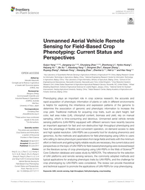 Pdf Unmanned Aerial Vehicle Remote Sensing For Field Based Crop Phenotyping Current Status