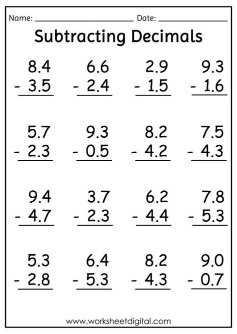 80 Two Digit Decimal Subtraction Sums Printable Large Font Grade 1