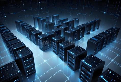 Server Racks With Glowing Blue Lights In A Server Room The Scene Has A Futuristic And