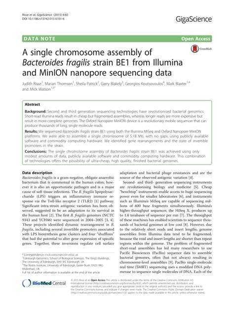 Pdf A Single Chromosome Assembly Of Bacteroides Fragilis Strain Be1 From Illumina And Minion