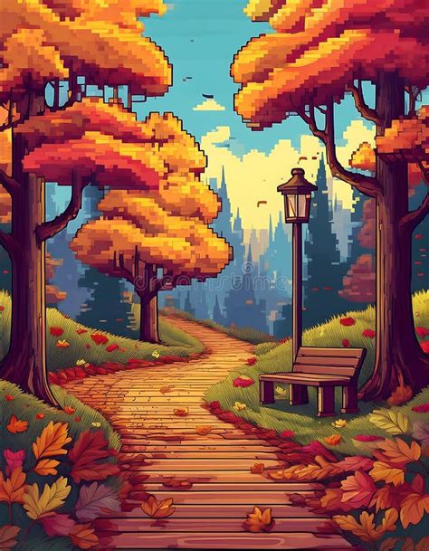 Autumn Forest Path A Pixel Art Depiction Of A Winding Path Through An