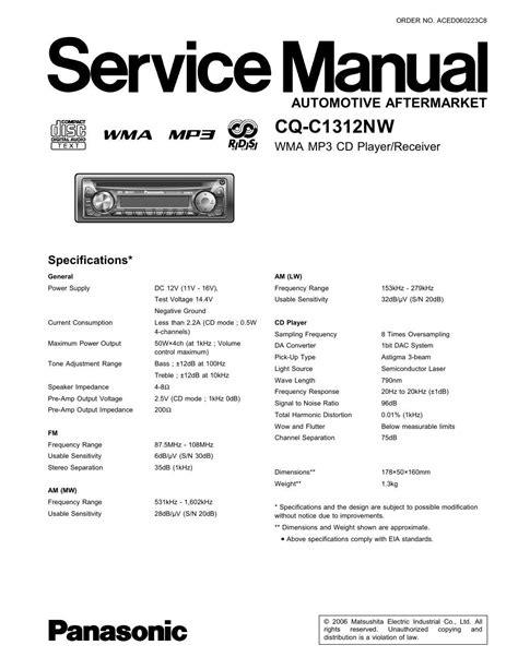 Download Panasonic Cq C 1312 Nw Service Manual Free