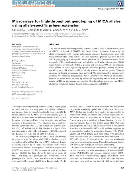 Pdf Microarrays For High Throughput Genotyping Of Mica Alleles Using