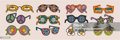 Funky Groovy Sunglasses Different Shapes In Retro Hippie Psychedelic