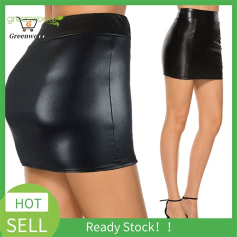 Gre Women Mini Skirt Solid Color High Waist Slim Fit Skinny Matte Faux