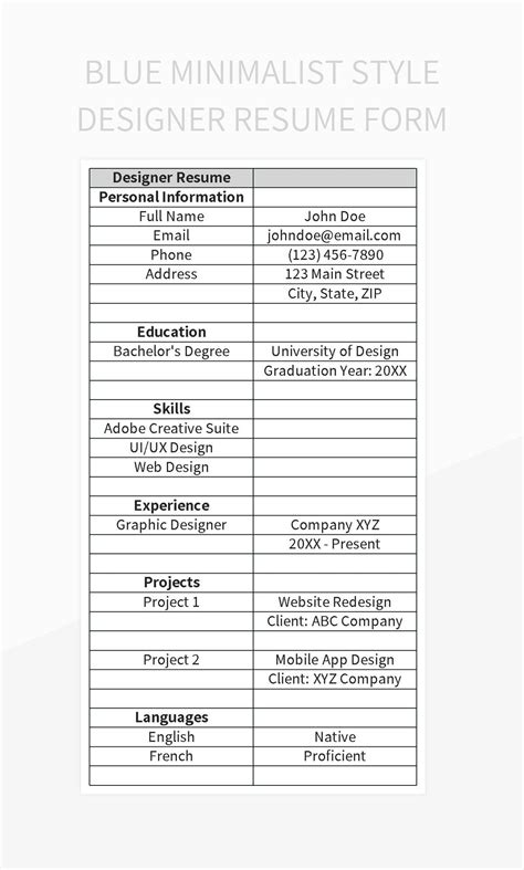 Minimalist Stylish Graphic Designer Resume Form Excel Template And