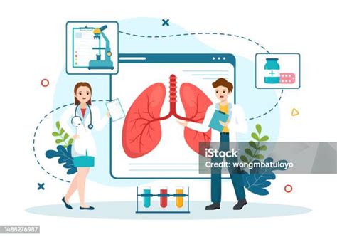 Pulmonologist 벡터 일러스트레이션 의사 Pulmonology 폐 호흡기 시스템 검사 및 치료 플랫 만화 손으로 그린