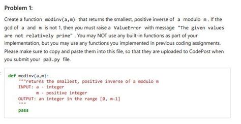 solved problem 1 create a function modinv a m that