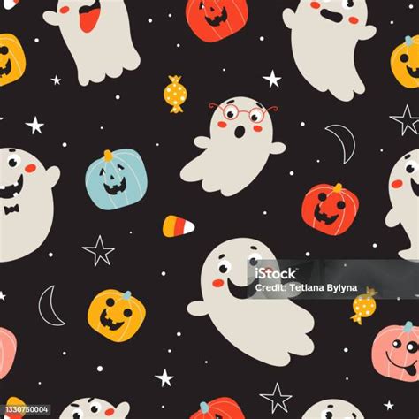 귀여운 유령 화려한 호박 별 달 사탕과 원활한 벡터 패턴 검은 색 배경에 벡터 할로윈 텍스처 귀여운에 대한 스톡 벡터 아트 및 기타 이미지 Istock