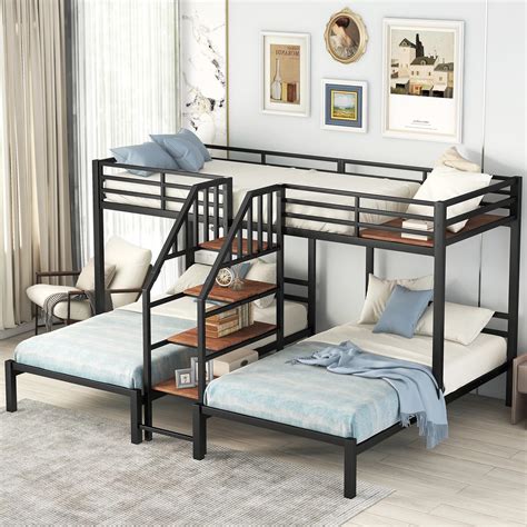 Harper And Bright Designs Metal Triple Bunk Bed With Stairs