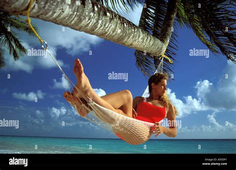 Woman In Hammock Under Palm Tree Stock Photo Alamy